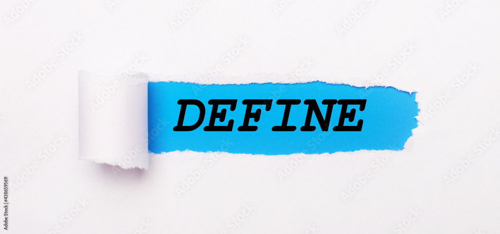 On a bright blue background, white paper with a torn stripe and the ...