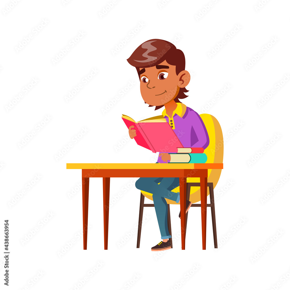 boy pupil reading educational book on school lesson cartoon vector. boy ...