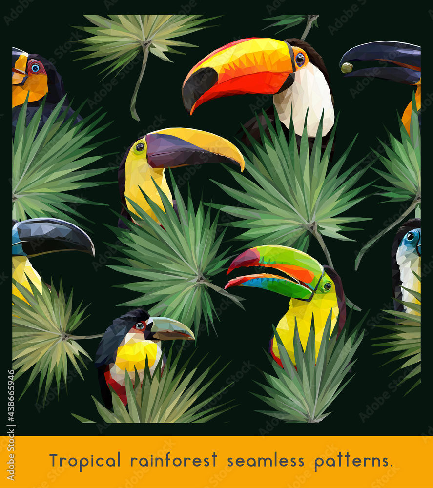 Seamless patterns art of Amazon tropical toucan bird rainforest lifes ...