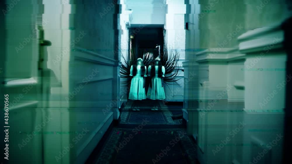 Creepy horror scene, distorted figures of ghostly twins standing in ...