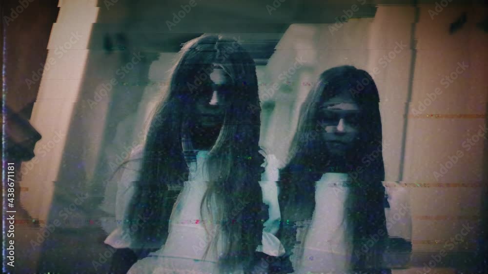 Two ghostly twins looking at camera, zombie children, creepy horror ...