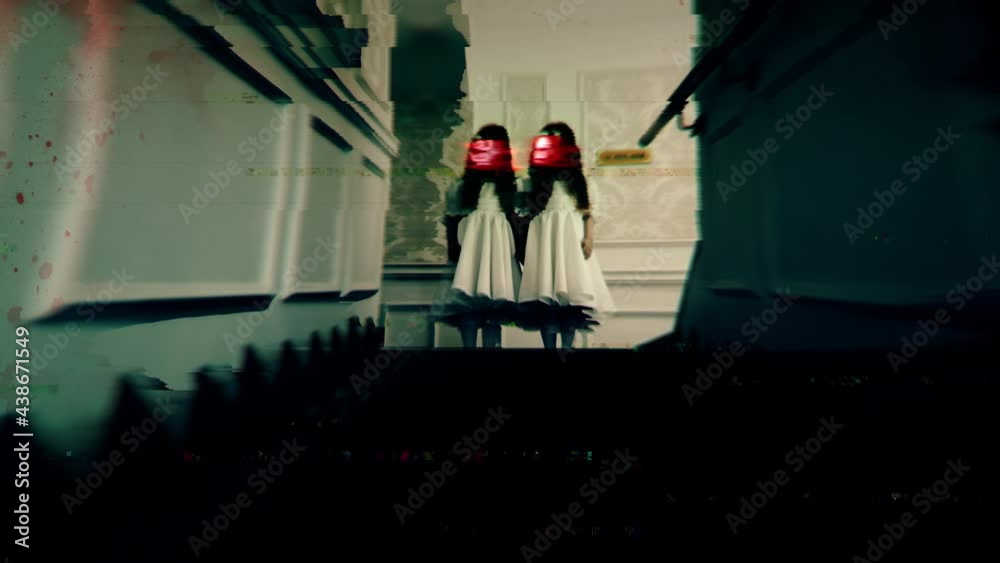 Two creepy twins with red distorted faces standing on hotel stairs ...