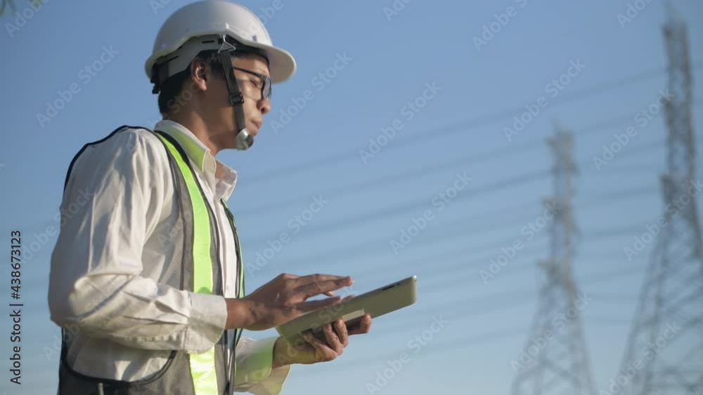 Engineer concept of 4k Resolution. An employee is using a tablet to ...