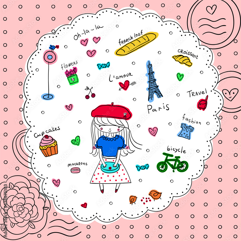 set of elements with symbols of Paris. A romantic trip to Paris. Cute ...