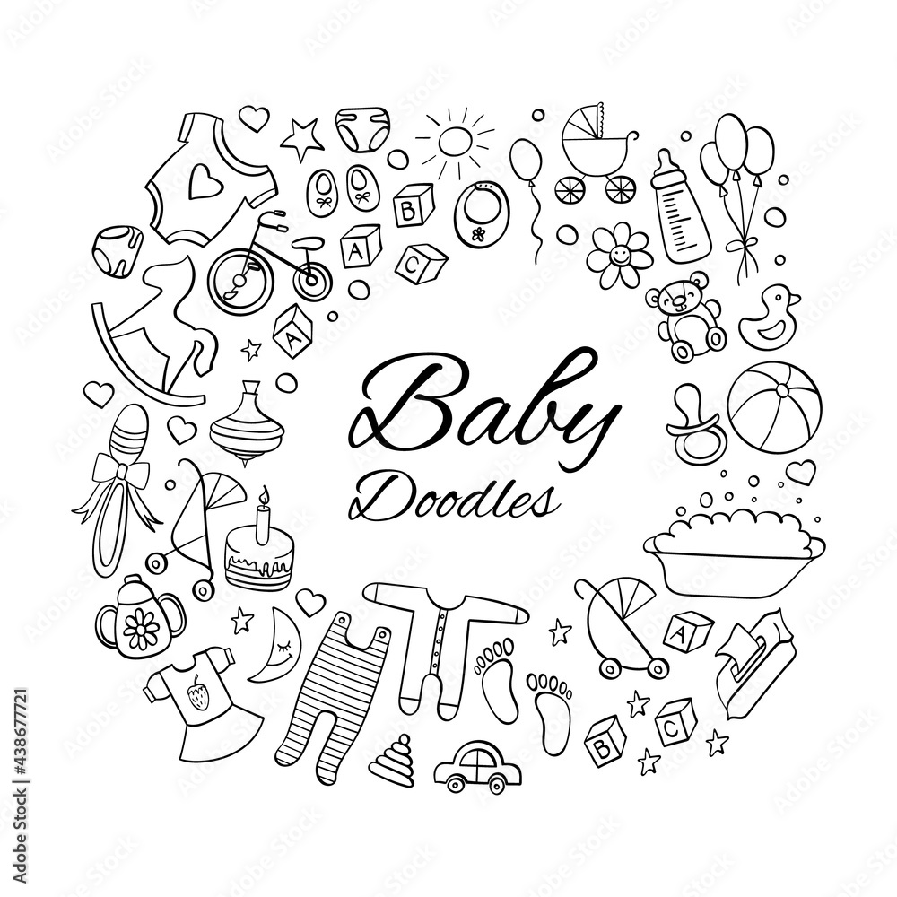 Newborn baby hand drawn doodles. Cute outline icons on white background ...