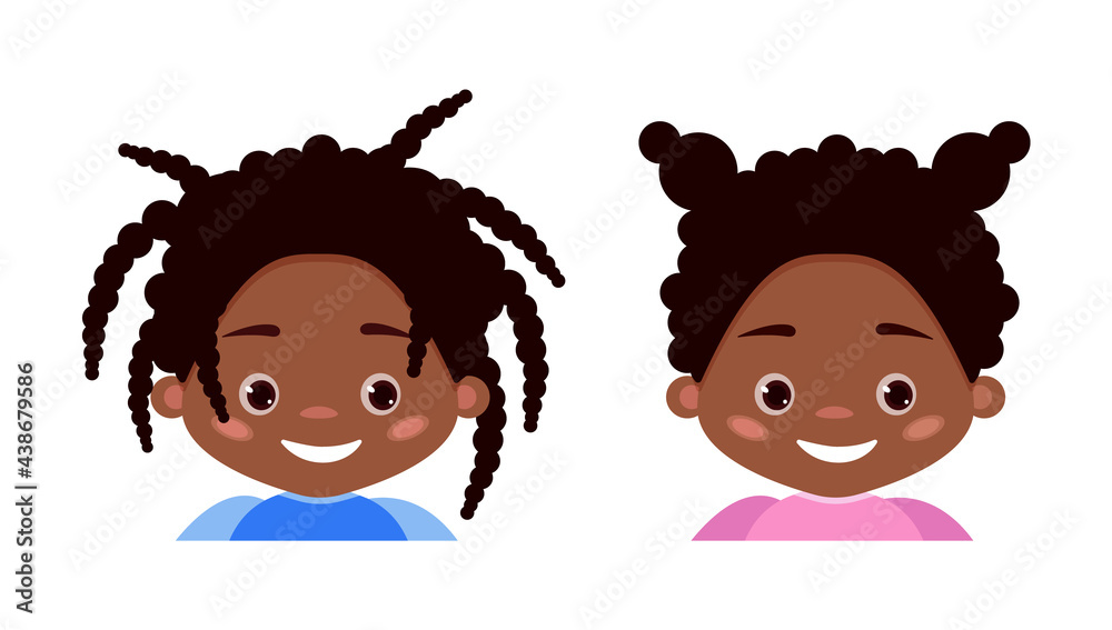 African American boy and girl portraits. Cute cartoon happy black kids ...
