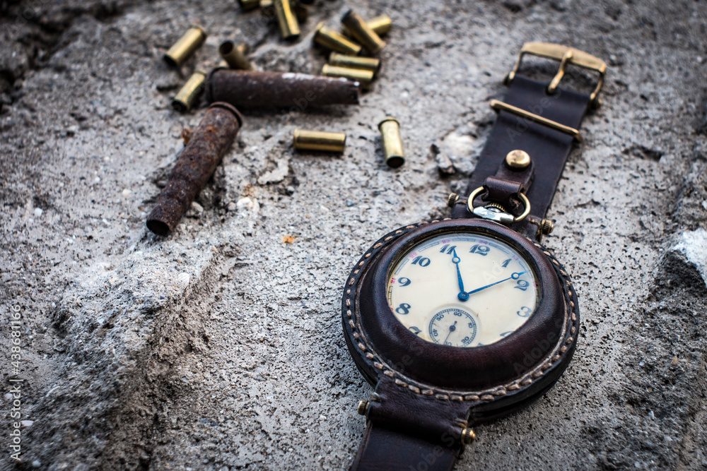 vintage military watches and bullet casings Stock Photo | Adobe Stock