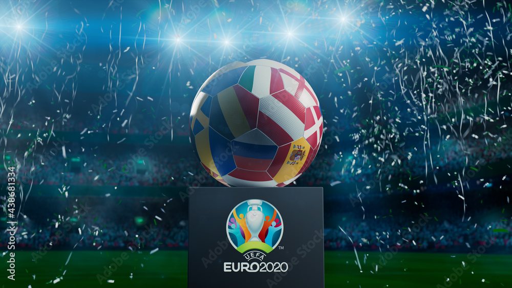 Euro Flag Football on a plinth against a Stadium Background. UEFA Euro ...