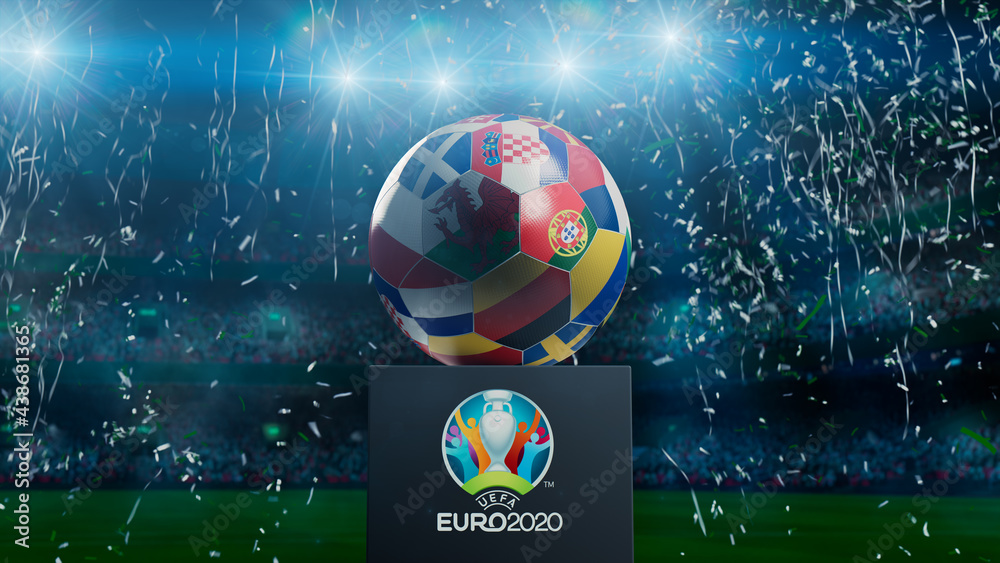 Euro Flag Football on a plinth against a Stadium Background. UEFA Euro ...