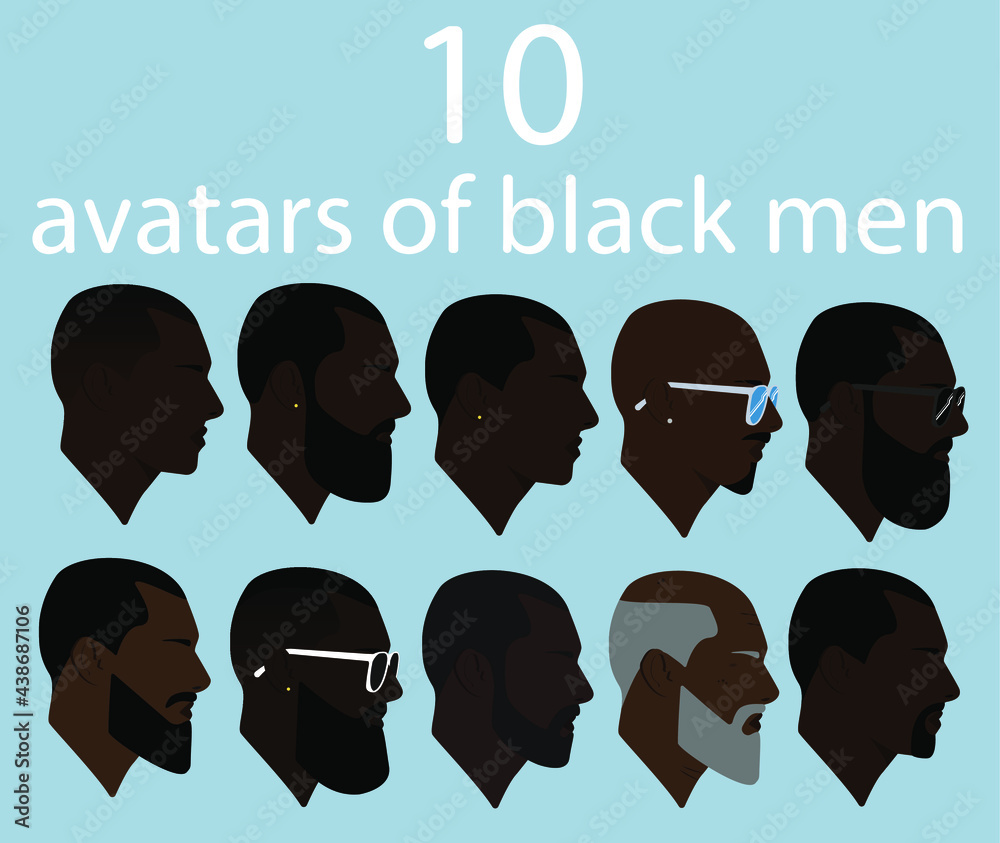 Ten avatars of black men. Portraits. Silhouettes of black men. Black ...