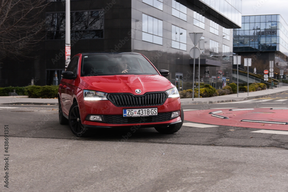 New Skoda Fabia Monte Carlo edition. Modern city car. Red Skoda Fabia ...