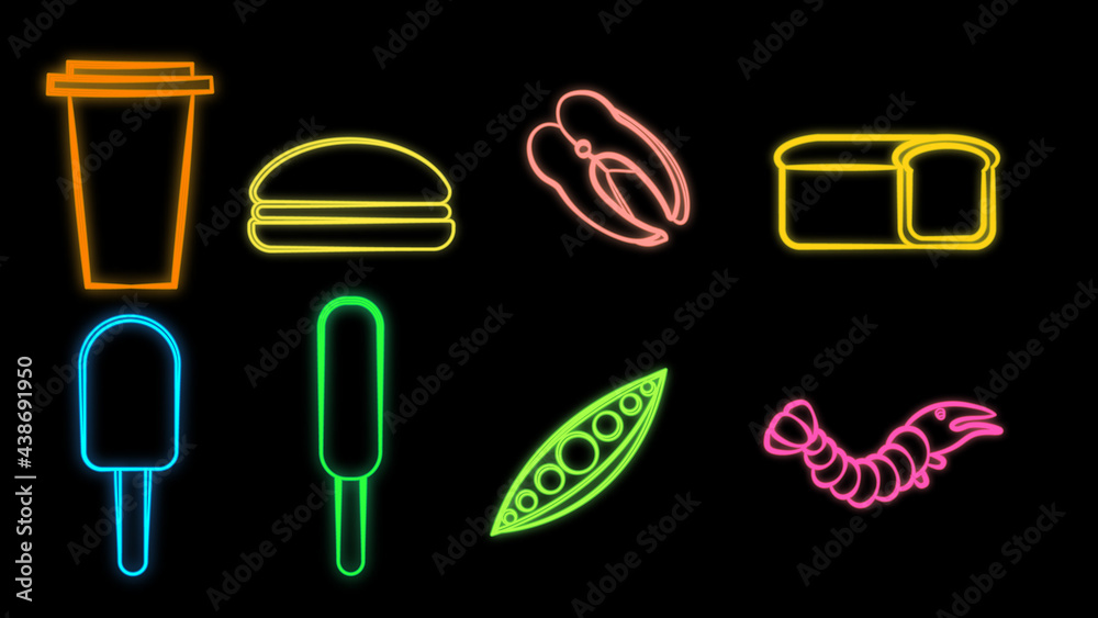 Neon bright glowing multicolored set of eight icons of delicious food ...