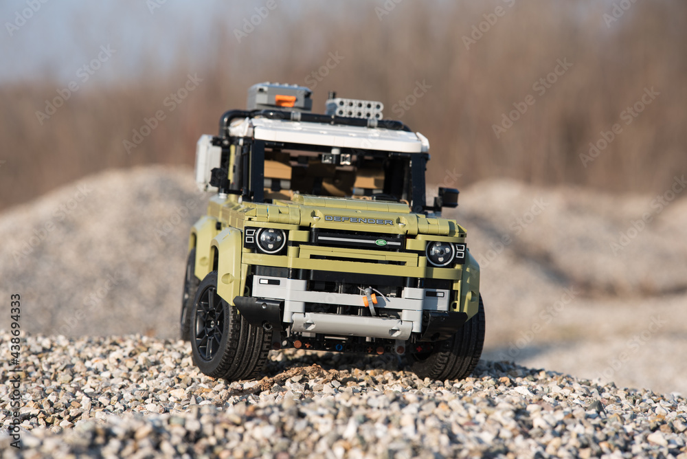 Lego set as road vehicle Land Rover Defender in nature. Lego bricks as ...