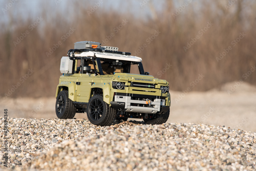 Lego set as road vehicle Land Rover Defender in nature. Lego bricks as ...
