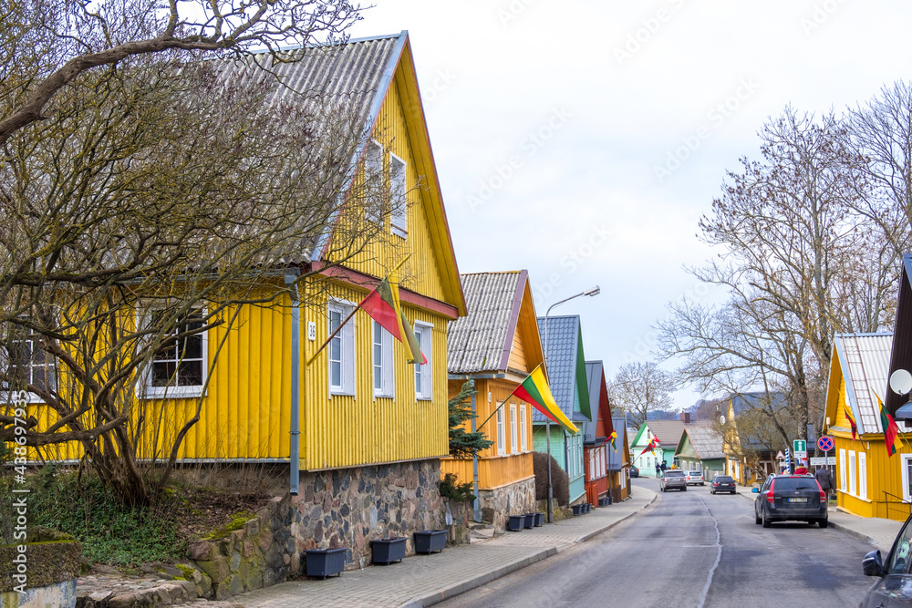 Trakai, Lithuania - February 16, 2020: A typical triple-windowed wooden ...