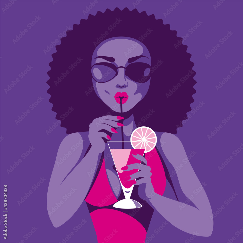 Vetor De A Dark Skinned Girl In Sunglasses Drinks A Cocktail Night
