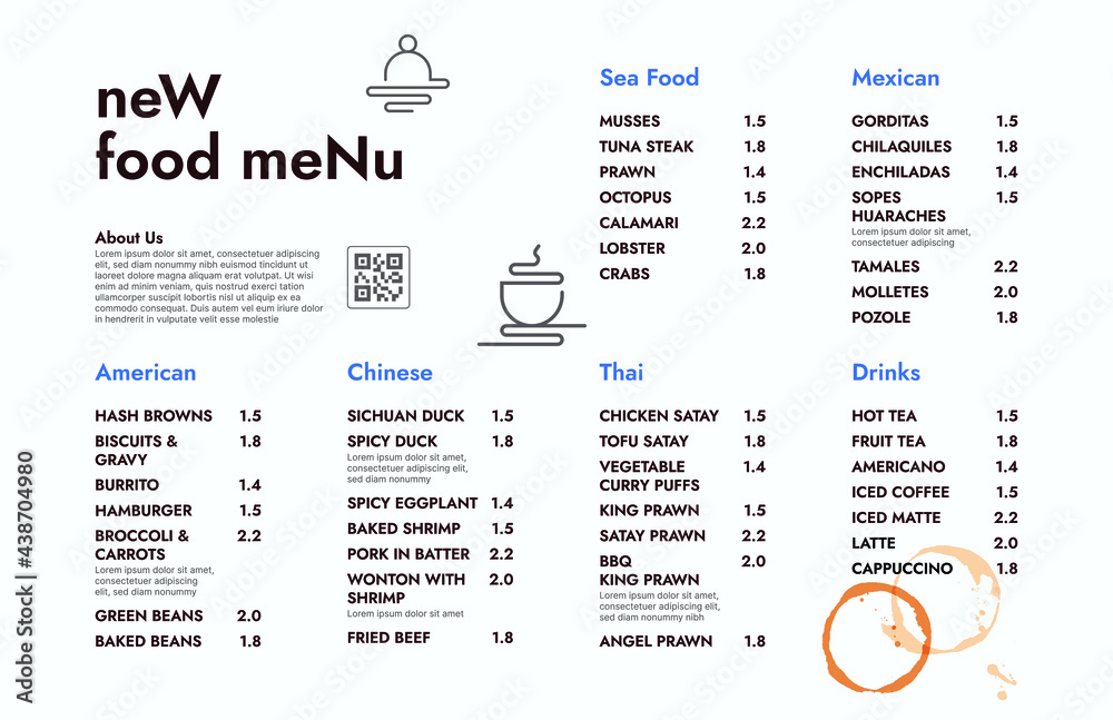 Restaurant cafe menu, template design. One page food menu template ...