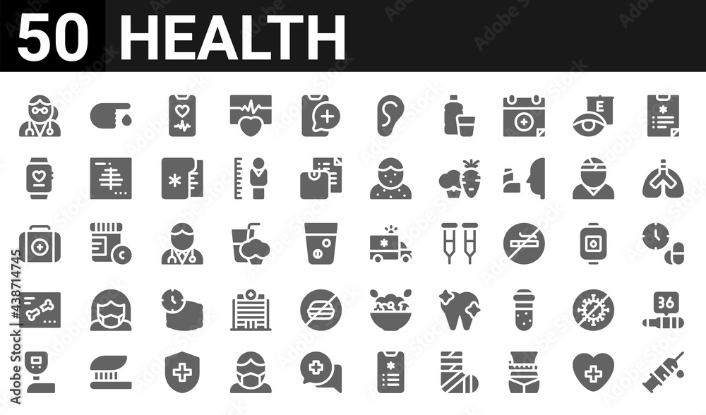 50 icon pack of health web icons. filled glyph icons such as syringe ...