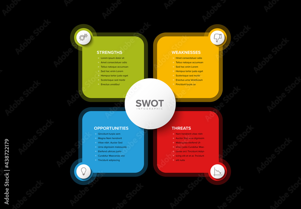 Swot Diagram Schema Layout on Black Background Stock Template | Adobe Stock