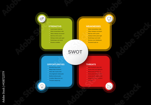 Swot Diagram Schema Layout on Black Background Stock Template | Adobe Stock