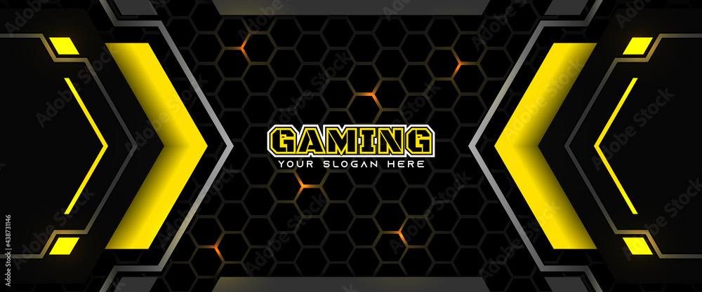 Futuristic black and yellow gaming banner design template with metal ...