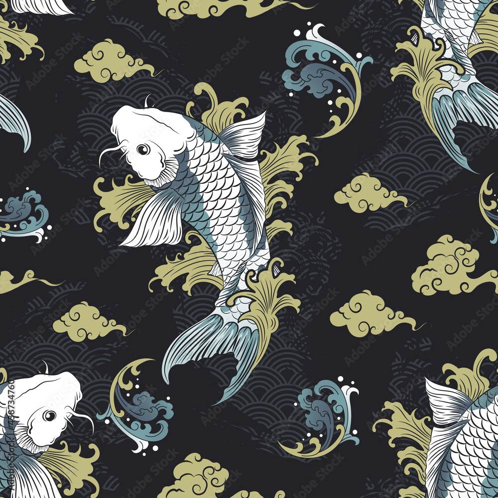Seamless Art Japanese Repeat Pattern Swimming KOI Carp Fish with Golden ...