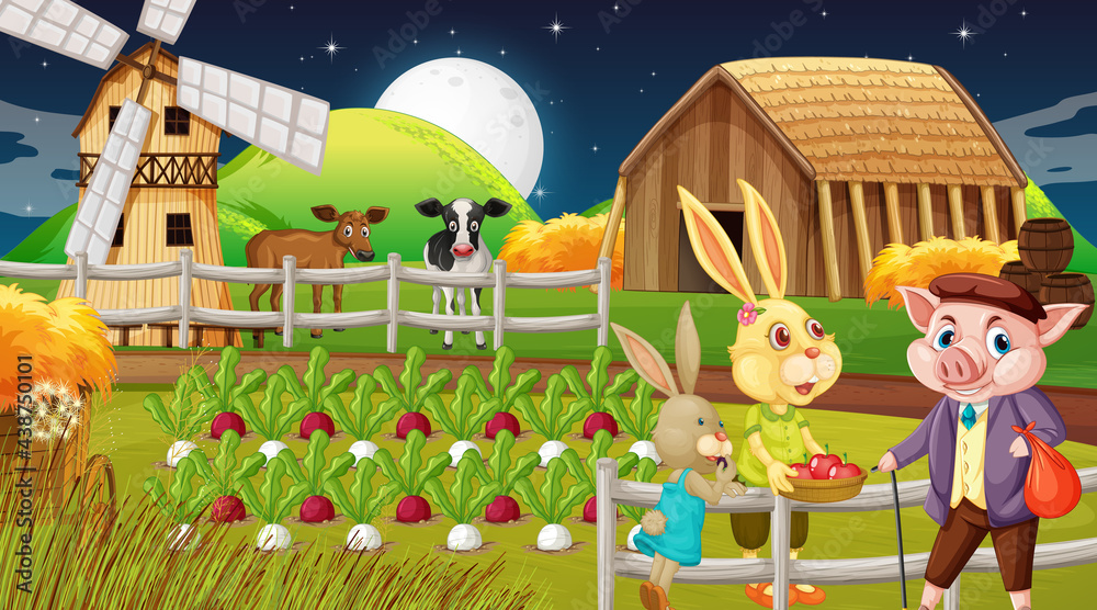 Farm at night scene with rabbit family and a pig cartoon character ...