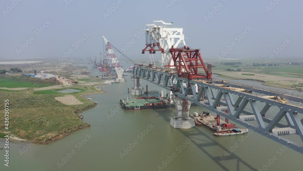 Aerial view of a building site while assembling the Padma bridge, the ...