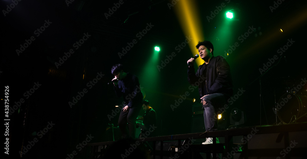 Singer holding a microphone stand and performing on stage. Rock concert ...