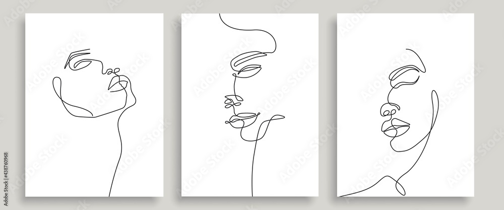 Abstract Faces One Line Drawing Prints Set. Creative Contemporary ...