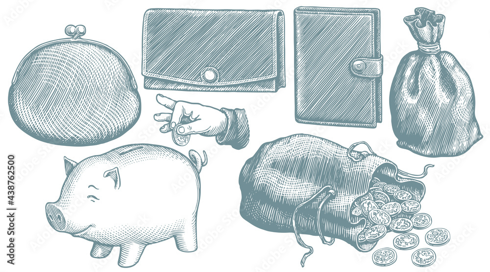 Wallets and money. Design set. Editable hand drawn illustration. Vector ...