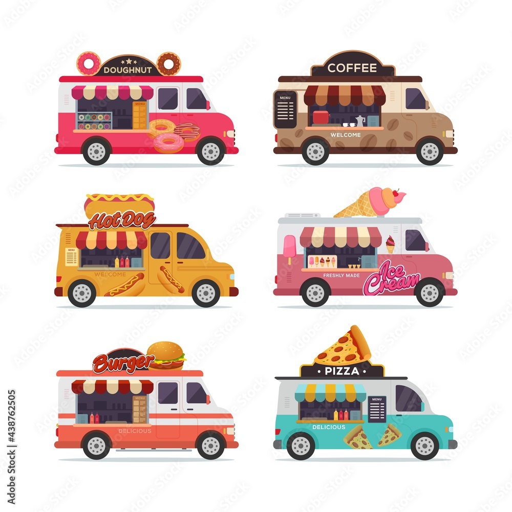 Set of isolated street food trucks. Vector food van with fast food and ...