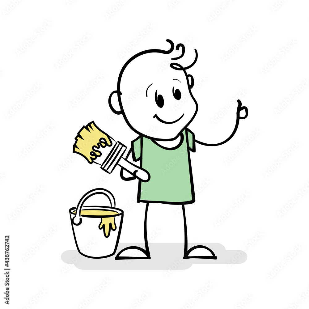 Drawing of cartoon stick man standing and holding brush with paint ...
