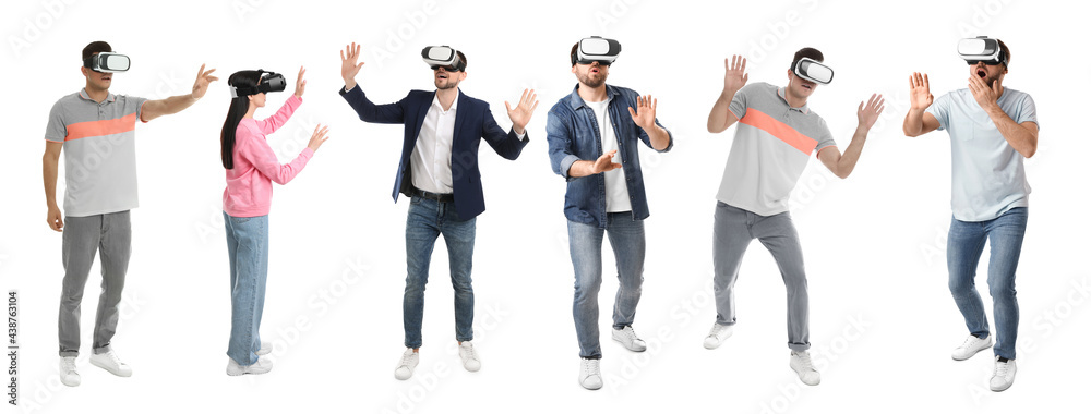 People using virtual reality headset on white background, collage ...