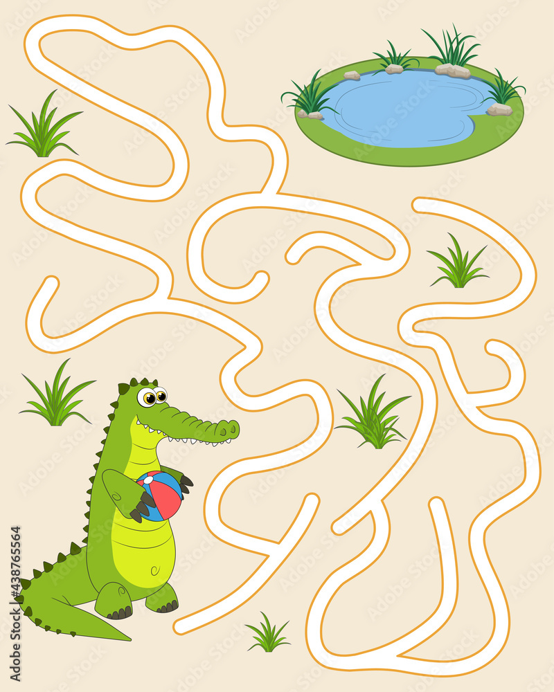 Plakat w ramie Logic Game for kids. Help the crocodile find the pathway ...