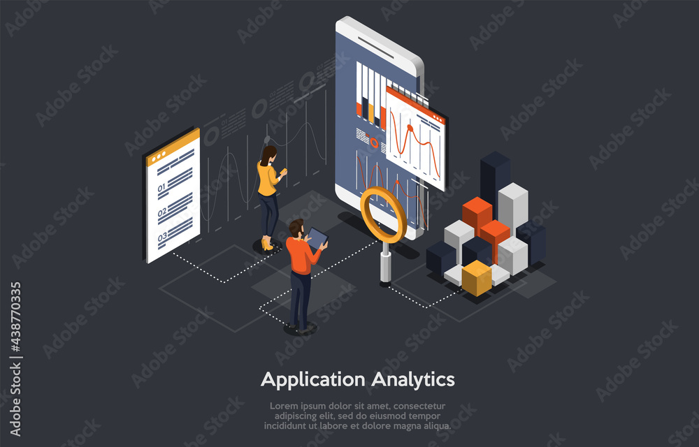 Application Analytics Mobile Program Development Process Concept Design Cartoon 3d Style