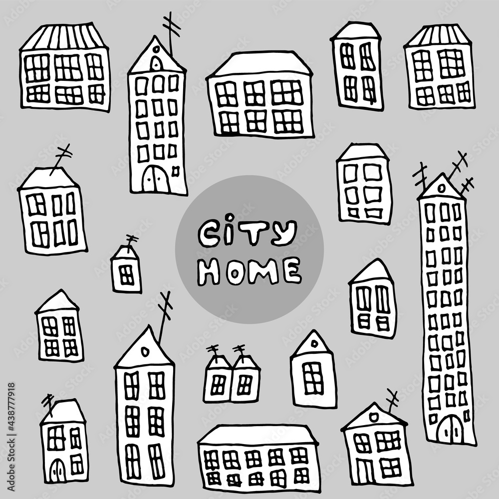 City home doodle set. Black outline. Roof and facade of a residential ...