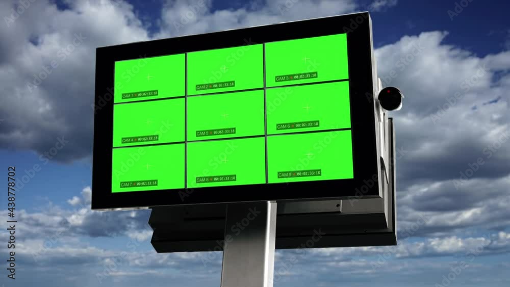 CCTV Security Panel Green Screen Monitor Outdoors Zoom In. Split screen ...
