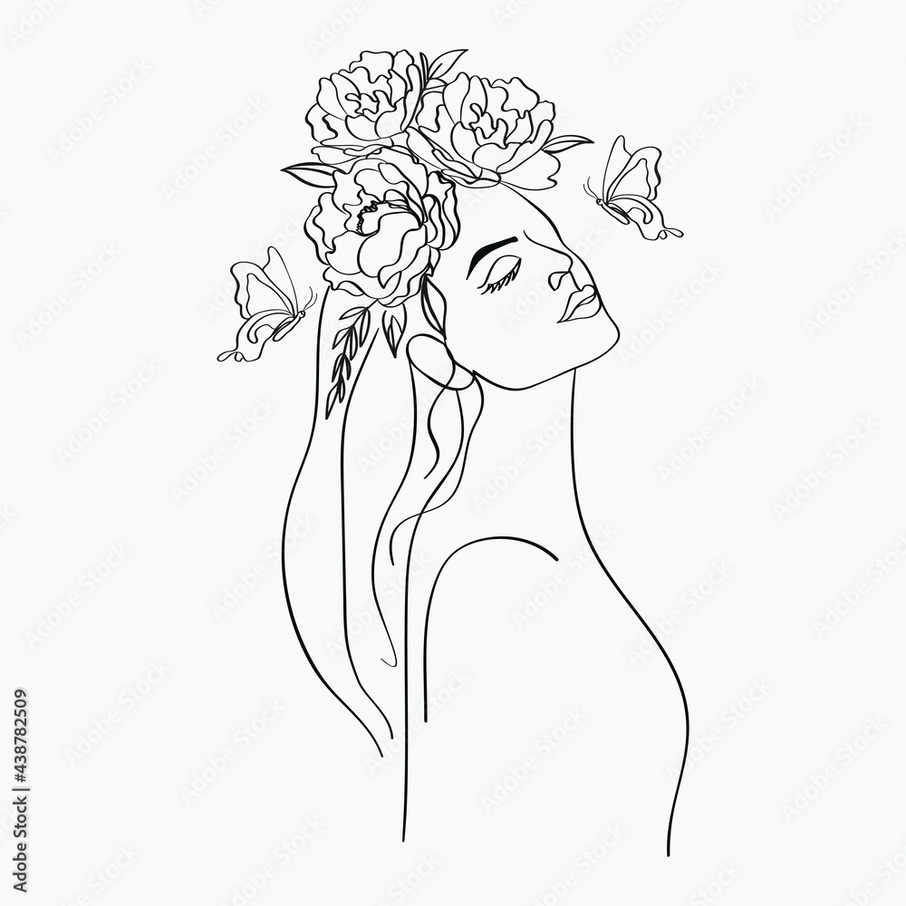 Women and flowers line art. Girl with flowers and leaves one line ...