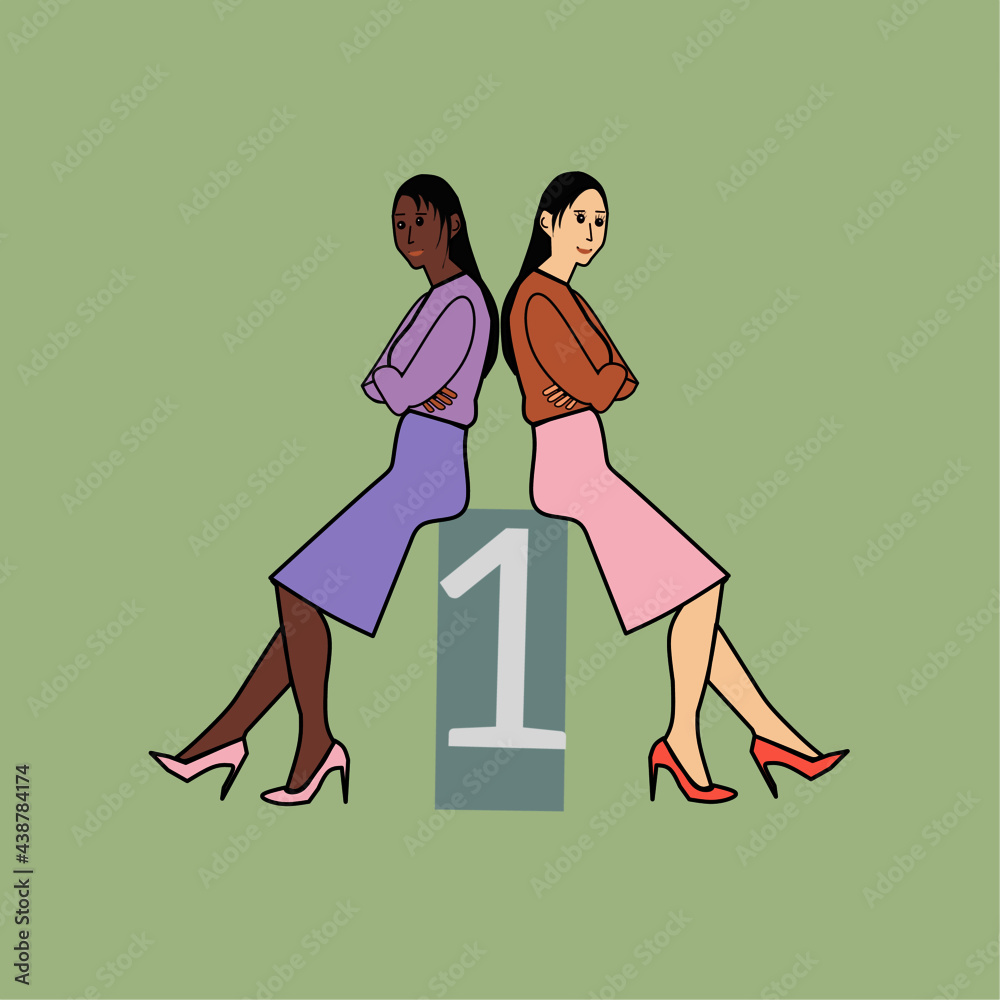 flat illustration of two women of different skin color in one position ...