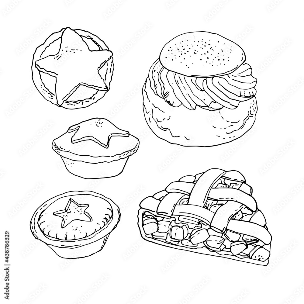 National pastries and sweets. Buns, semla, apple pie, mince pie. Vector ...