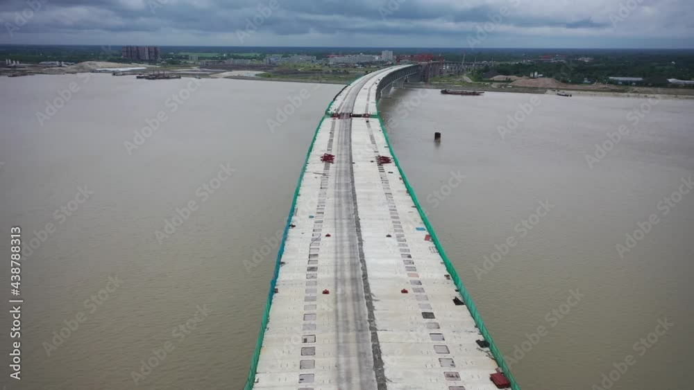Aerial view of a building site while assembling the Padma bridge, the ...
