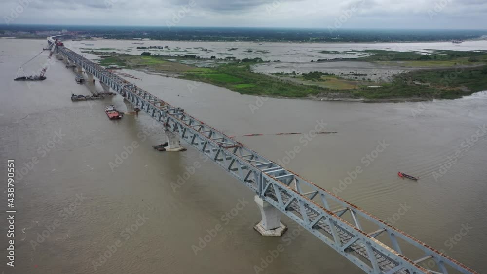 Aerial view of a building site while assembling the Padma bridge, the ...