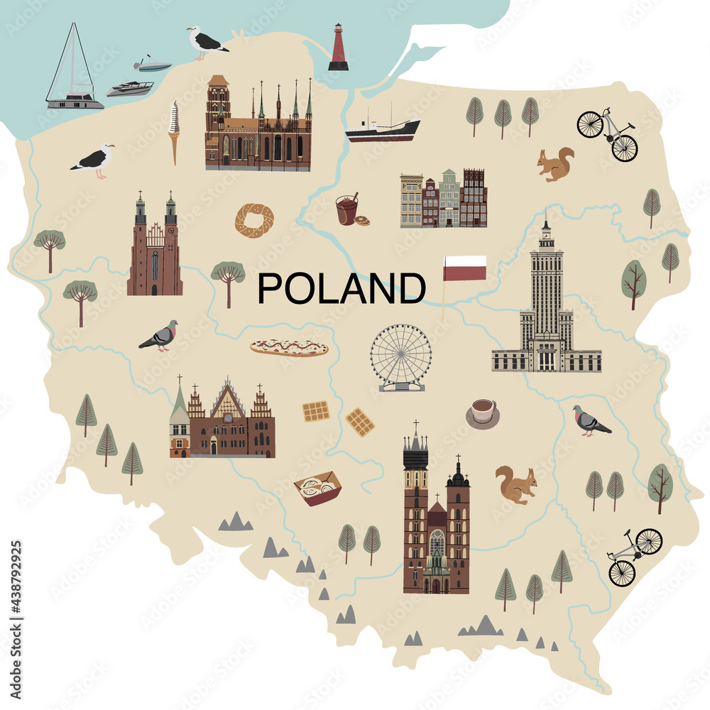 Vector color hand drawn illustrated map of Poland. Traditional ...