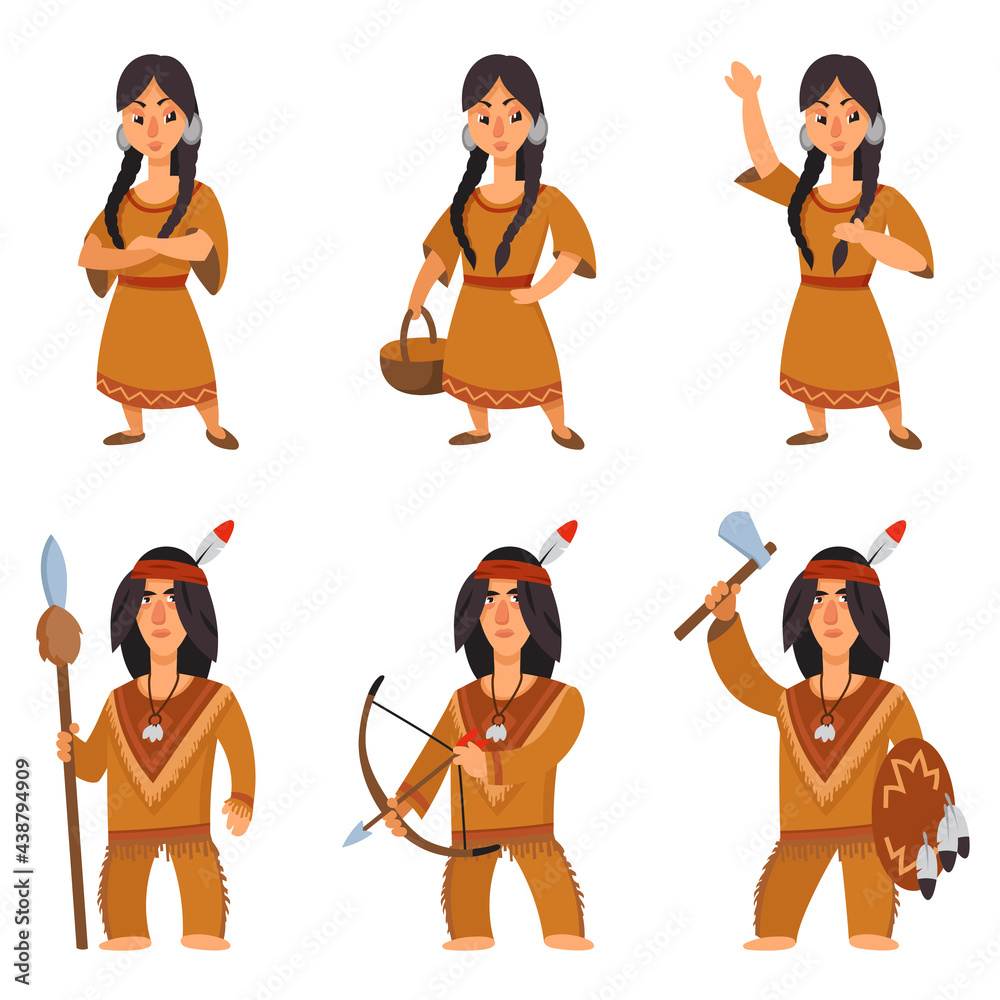 Set of native americans in different poses. Male and female characters ...