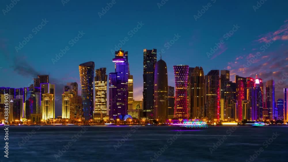 The skyline of Doha. Doha at night Time-lapse, Qatar. Wide shot, Modern ...