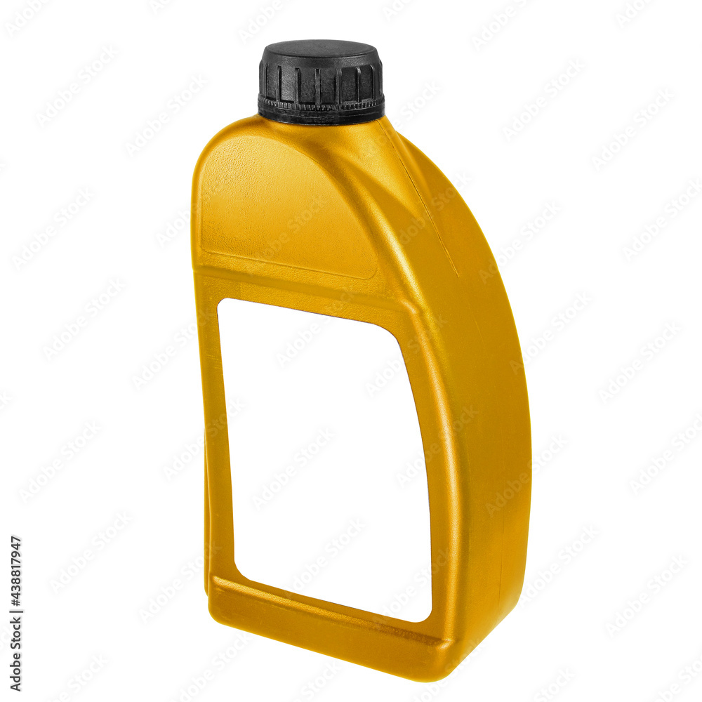 Plastic canister isolated on white background. Close-up gold canister ...