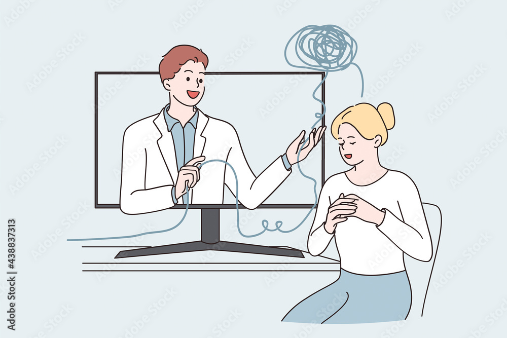 Telemedicine and online medical support concept. Young woman cartoon ...