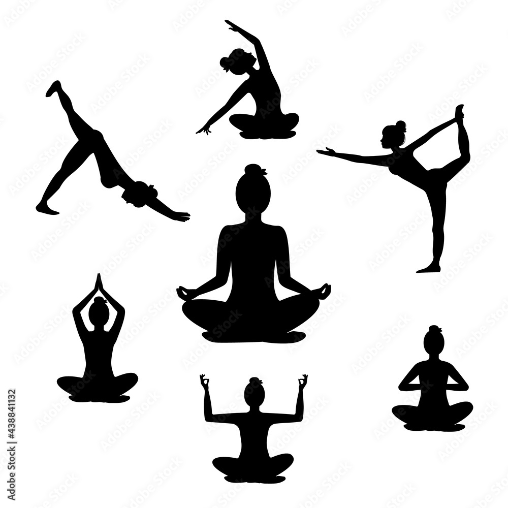 Beautiful Woman Doing Yoga Exercises Black Silhouette On White