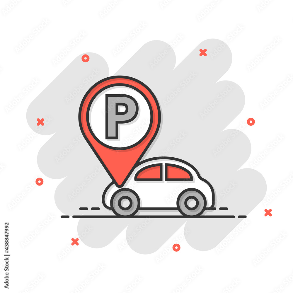 Car parking icon in comic style. Auto stand cartoon vector illustration ...